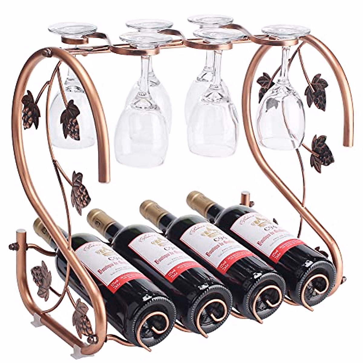 Countertop Wine Rack with Wine Glass Holders, Holds 4 Bottles and 6 Stemwares