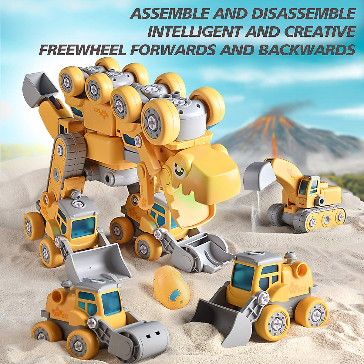ERCHAOXI 5 in 1 Take Apart Dinosaur Toys for Kids 3-5,5 Construction Trucks Transform into a Big Dinosaur Robot Toys,STEM Building Toys Gifts for 4 5 6 7 8 Years Old Boys & Girls