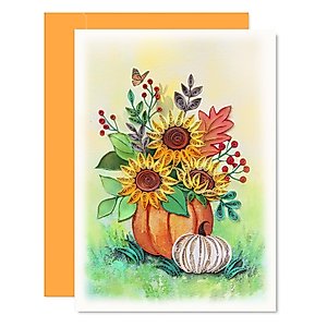 Thanksgiving Card - Sunflowers Vase Greeting Card, Quilling Fall Thank You Card, Seasons Greetings Card, Happy Thanksgiving Card for Husband, Wife, Parents, Friends, Granddaughter, Blank Inside