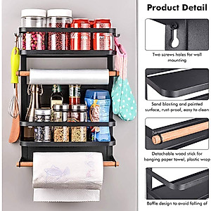 Magnetic Fridge Organizer with 2 Paper Towel Holder, Large Foldable Strong Magnetic Spice Rack with 5 Removable Hooks，Magentic Shelf Hold up to 30LBS (Black)