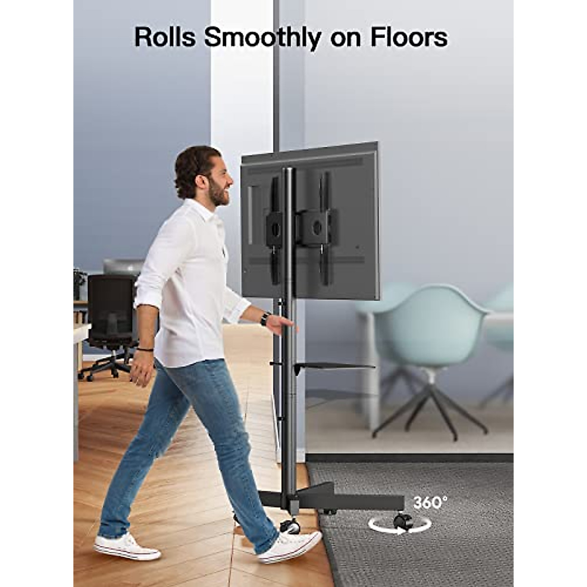 PERLESMITH Mobile TV Cart with Wheels for 23-60 Inch LCD LED OLED Flat Curved Screen Outdoor TVs Height Adjustable Shelf Floor Stand Holds up to 55lbs Monitor TV Holder with Tray Max VESA 400x400mm