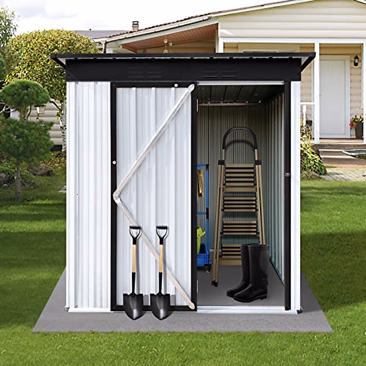KELRIA 5Ft x 3Ft Outdoor Metal Garden Shed, Steel Garden Storage Shed with Single Lockable Door & Vents, Waterproof Anti-Corrosion Tool Storage Clearance for Backyard Patio Lawn, White+Black