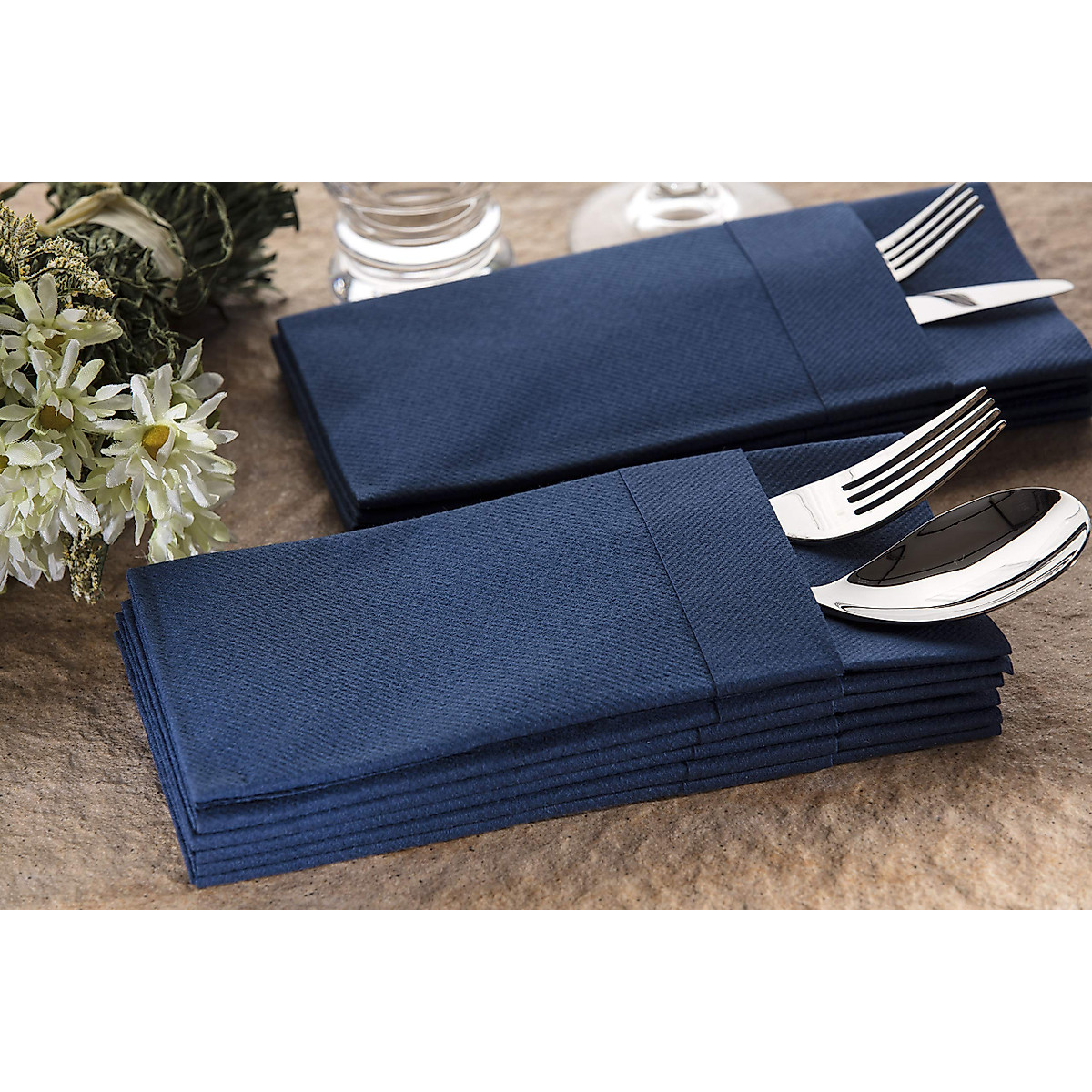 Navy Dinner Napkins Cloth Like with Built-in Flatware Pocket, Linen-Feel Absorbent Disposable Paper Hand Napkins for Kitchen, Bathroom, Parties, Weddings, Dinners or Events, 16x16 inches, Pack of 50