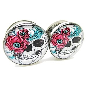 Pierced Republic Flower & Skull Stainless Steel Ear Plugs - Screw on - New *Pair* (0 Gauge (8mm))