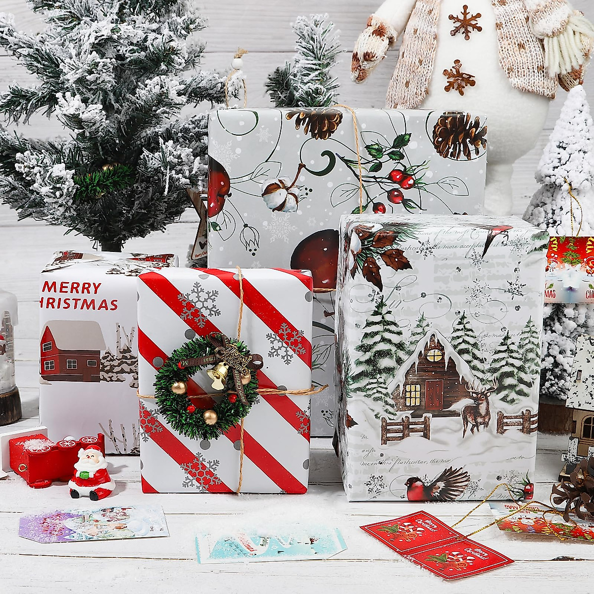 Vnaaem White Christmas Wrapping Paper Red Stripe Snowy Scene House Holiday Style Gift Wrap Paper Bulk for Winter Xmas Birthday Party - 20 X 28 Inches 8 Folded Sheets