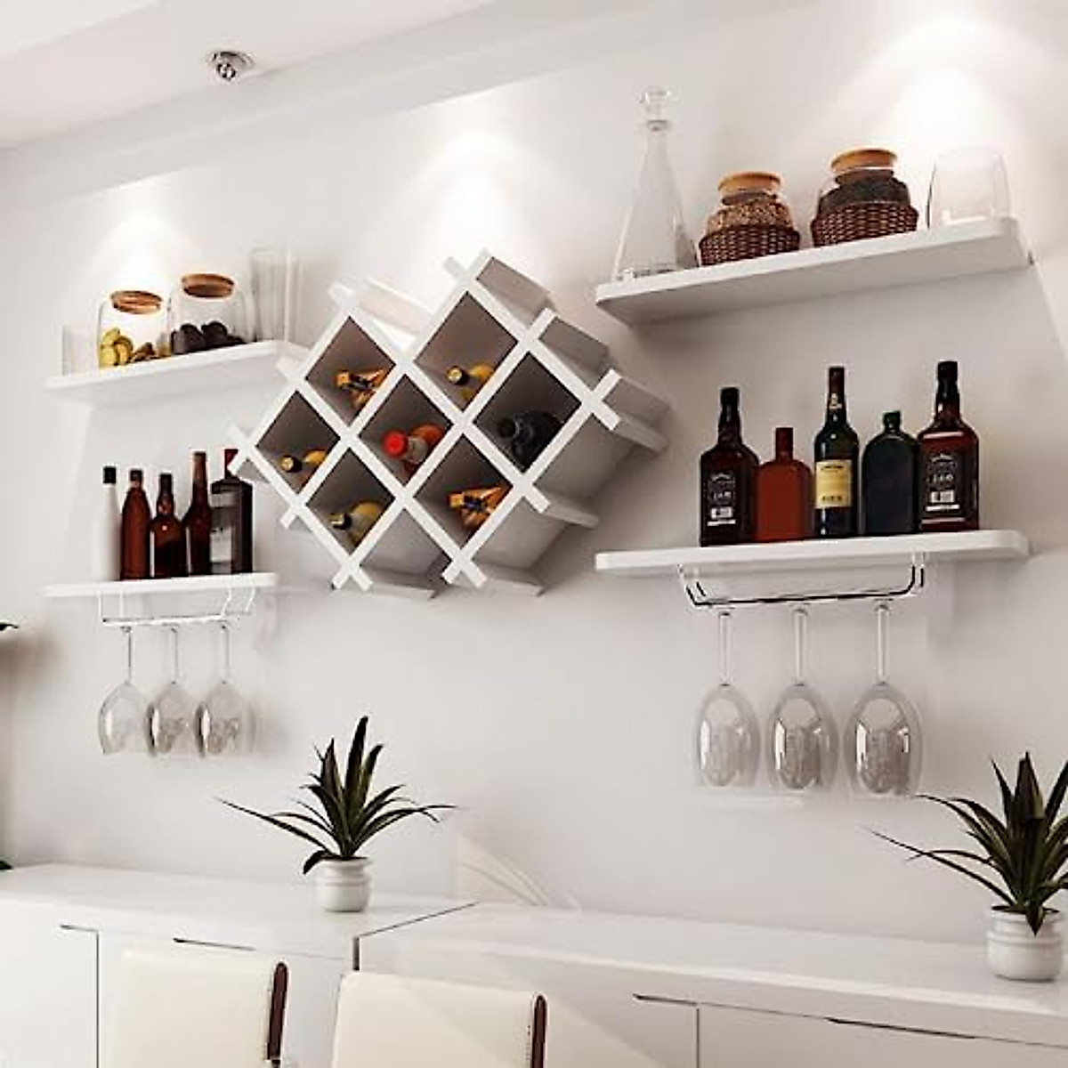 Gdrasuya10 Wall Mounted Wine Racks Shelves, Set of 5 Wine Storage Display Rack Wooden Wine Bottle Shelf Set Wine Glass Holder Wall Wine Rack (1 Wine Rack & 4 Shelves) White