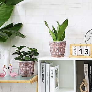 Gepege 6 Inch Beaded Ceramic Planter Set of 2 with Drainage Hole and Saucer for Plants, Indoor-Outdoor Large Round Succulent Orchid Flower Pot