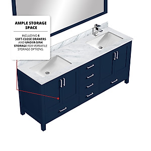 Bell+Modern Big Sur 72 in. W x 22 in. D Navy Blue Double Bath Vanity and Carrara Marble Top