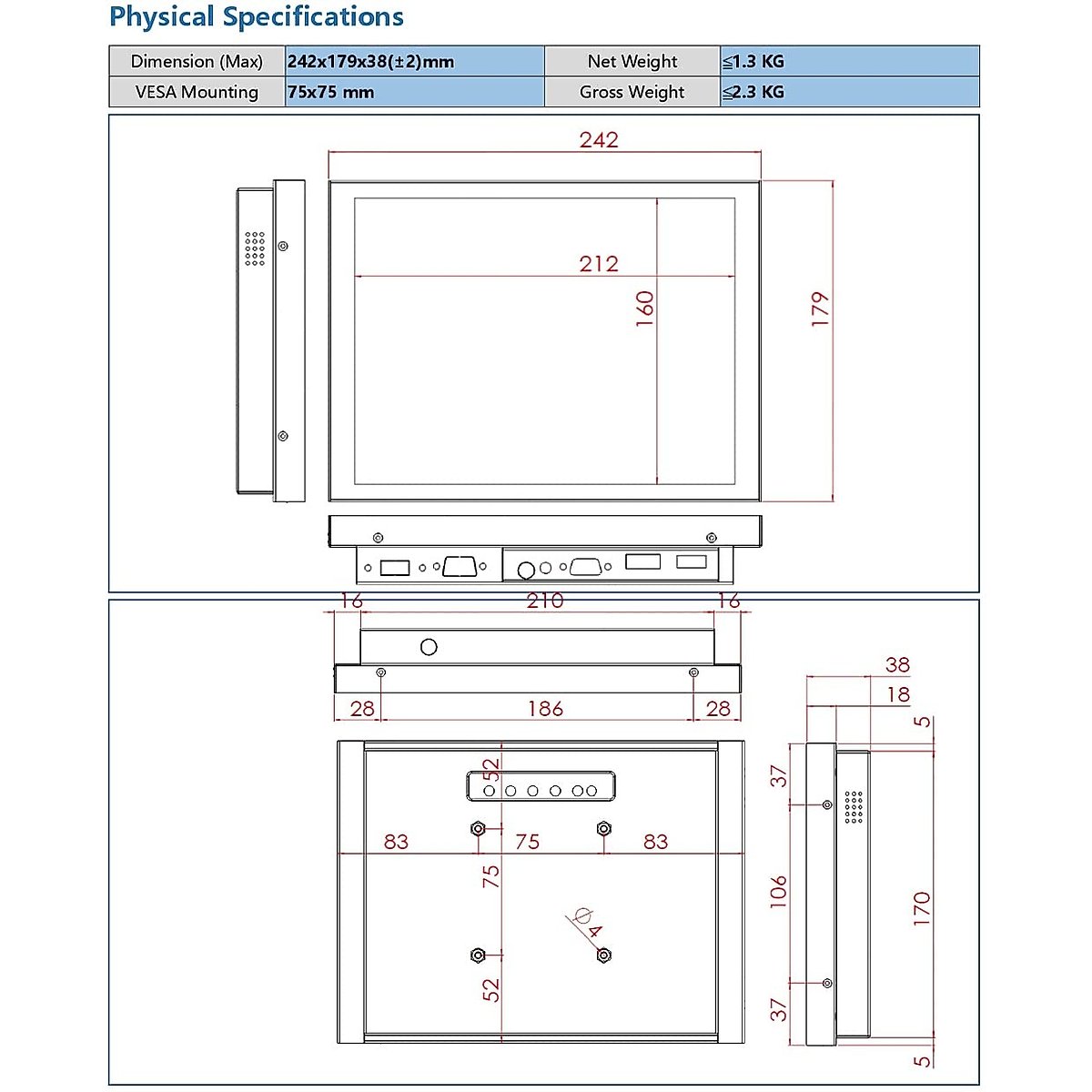 NexTech., Co. Ltd 10.4" Projected Capacitive Touch Industrial Monitor, 4:3 Display,1024x768 (XGA) Resolution,True Flat Design Multi-Touch Supports Active Stylus