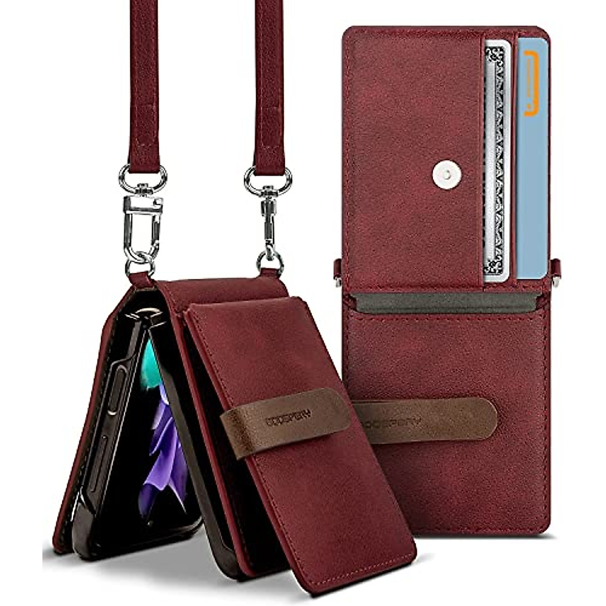 GOOSPERY Wallet Case Compatible with Galaxy Z Flip 3, Detachable Card Holder 2 Card Pocket Storage Premium PU Leather Adjustable Cross-Body Strap Attached Earbud Cord Organizer (Burgundy)