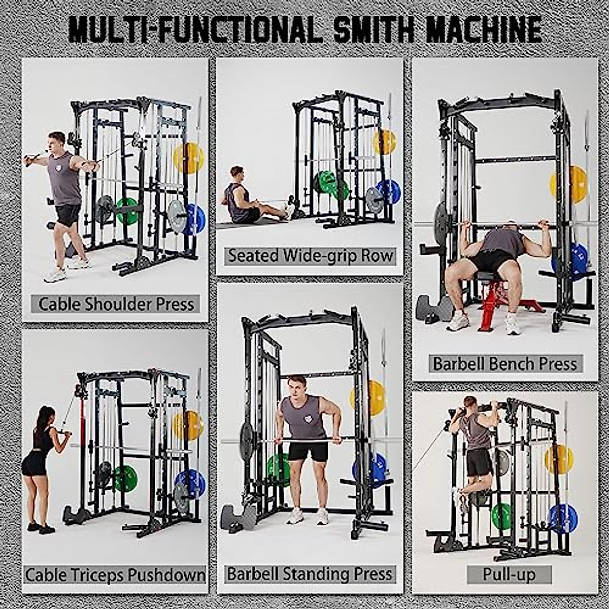 MAJOR LUTIE Smith Machine with Weight Bench, SML07 1600lbs Power Cage with Weight Bar and Two LAT Pull-Down Systems and Cable Crossover Machine, Exercise Machine Attachment Black (2023 Upgrade)
