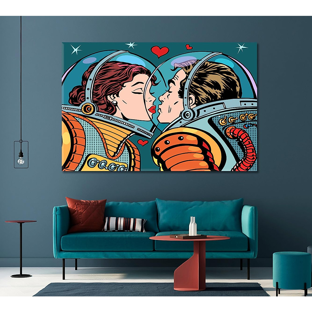 Astronauts Kiss in Space Canvas Print 3 Panels / 36x24 inches