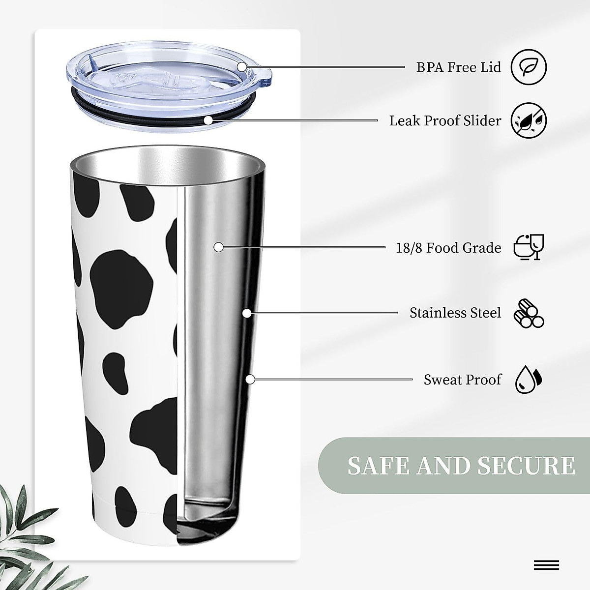 Black And White Cow Pattern 20oz Tumbler Stainless Steel Vacuum Insulated Double Wall Travel Tumbler, Durable Insulated Coffee Mug, Thermal Cup With Lid and Straw for Hot & Cold Drinks