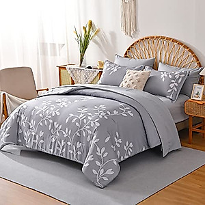 METAHOTS King Size Comforter Set, 7 PCS White Flowers Botanical Printed on Grey Comforter Set with Sheets, Soft Lightweight Microfiber Bedding Set for All Season(104"X90")