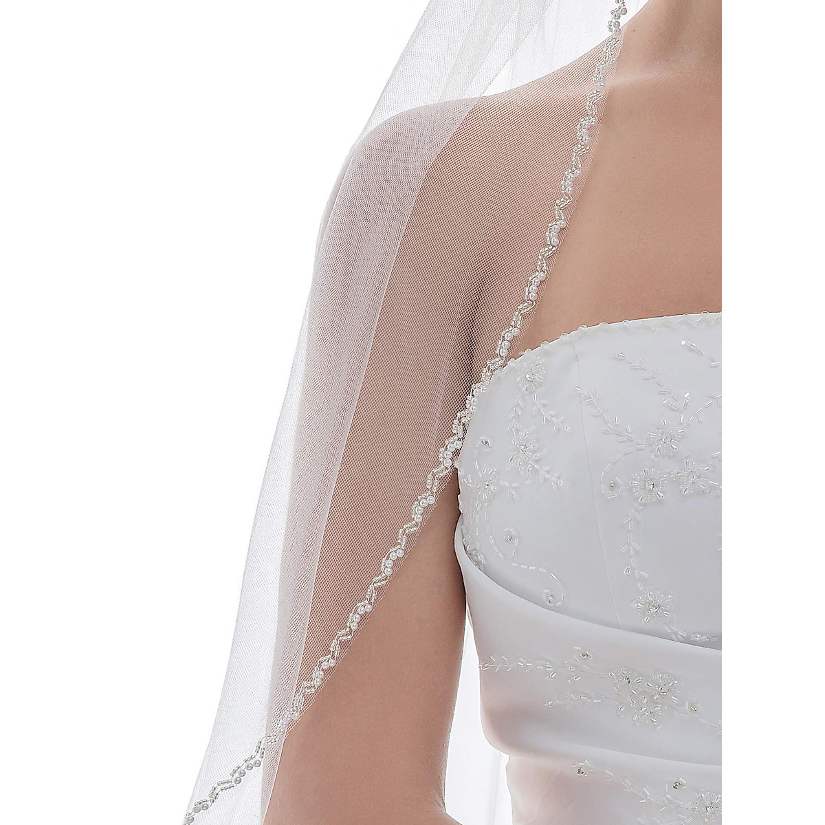 SAMKY 1T 1 Tier Double Row Wavy Pearl Crystal Edge Veil - Light Ivory Fingertip 36" V489