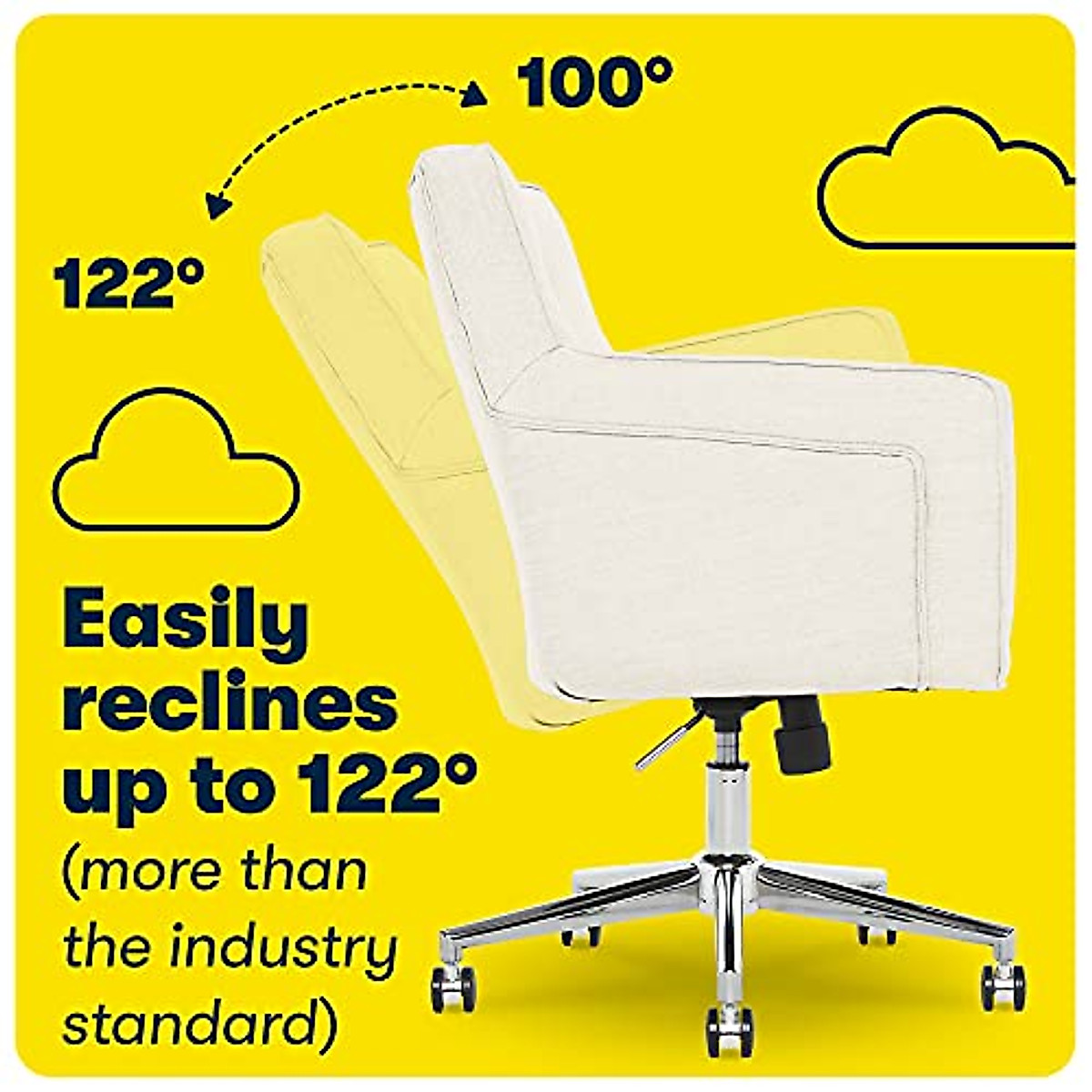 Serta Ashland Modern Office Chair, Stylish Mid-Back DeskChair, SertaQuality Foam, MemoryFoam Cushion, Comfy Armchair with Wheels, VanityChair, Metal Base, Chrome Finish, Ivory