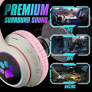 Mokata Gaming Headphone Wired USB Connect 7.1 Surround Stereo Over Ear Cat LED Light Fit Adult & Kid Foldable Headset with Mic for PC PS4 PS5 Game Laptop Pad H03 Cyan Beige White