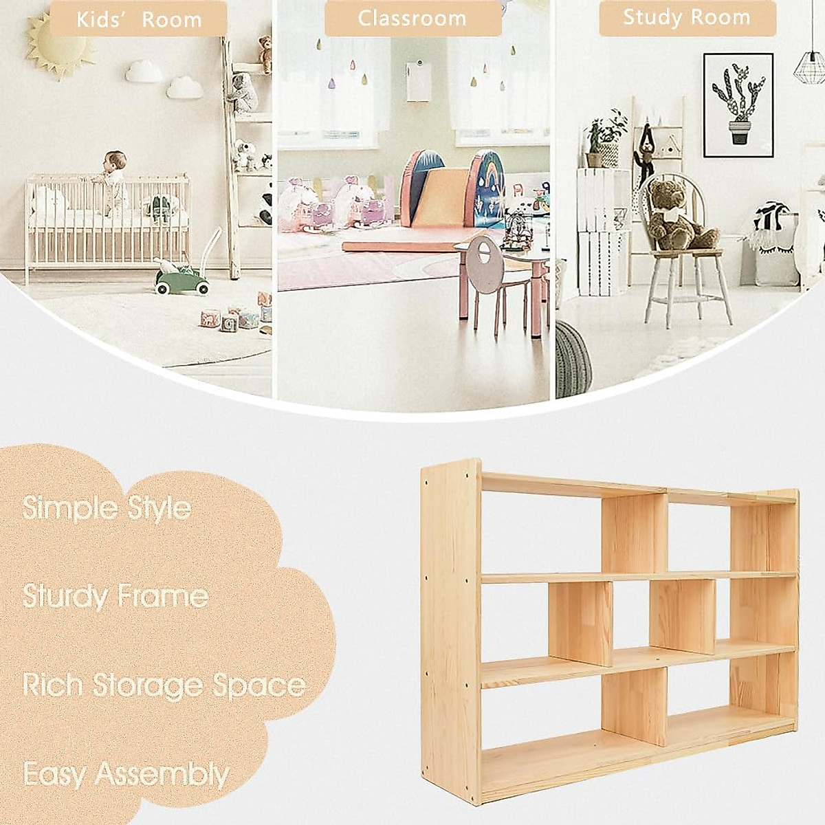 Morimoe 5/7-Compartment Book Shelf for Organizing Books Toys, Solid Wood, Perfect for Playroom, Kids Room, Nursery, Kindergarten (7-Compartment)