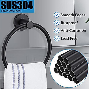 Pynsseu Matte Black Towel Ring for Bathroom 1 Pack, Kitchen Bath Towel Holder Hangers Wall Mount Heavy Duty Storage Stainless Steel