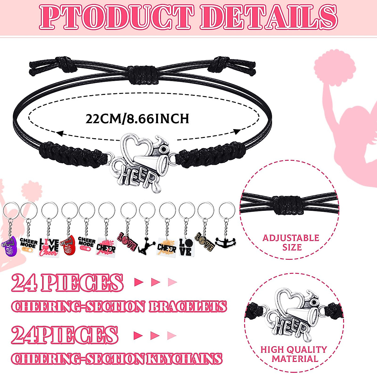 Sureio 48 Pcs Cheerleader Gifts Kit Cheer Stuff Bulk for Team, 24 Pcs Keychain and 24 Pcs Cheer Charms Bracelets Cheerleading Accessories Party Favors for Women Girls Teammates