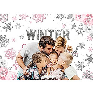 Aperturee 7x5ft Winter Onederland Backdrop, Newborn Baby Girl's First 1st Christmas Birthday Snowflake Background Photography Holiday Pink Silver Party Decoration Photo Booth Candy Table Decor Banner