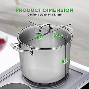 NutriChef 15-Quart Large Stainless Steel Stock Pot with Tempered Glass Lid - Induction Compatible Stockpot, Ideal for Stews & Soups, Dishwasher Safe