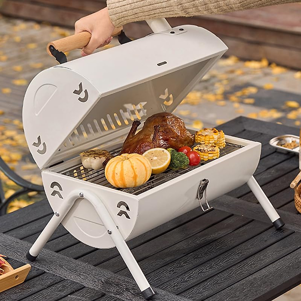 grilling and Frying 2-in-1 double-sided outdoor Charcoal grill ， portable bbq grill with lid ，camping grill，mini grill，table top charcoal grills (white no Frying pan)