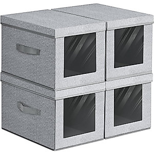 Homsorout Fabric Bins for Storage - Decorative Storage Basket with Lid, Clothes Storage Cubes with Side Window, Collapsible Storage Containers for Home, Deep Shelves, 4 Pack, Light Gray