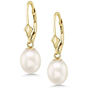 Gem Stone King 14K Yellow Gold 9MM Cultured Freshwater Pearl Dangle Earrings For Women