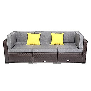 SAWQF Outdoor Patio Furniture 3 Pcs Set Include 2 Corner Sofa 1 Armless Sofa PE Wicker Rattan with 2 Pillow