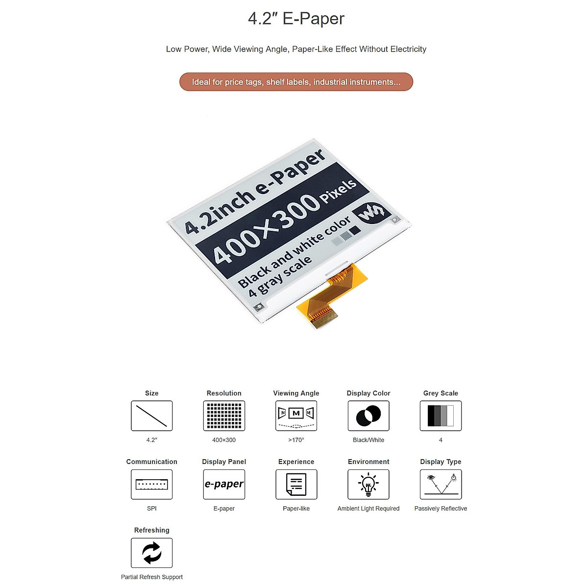 4.2inch E-Ink Raw Display Panel e-Paper for Raspberry Pi etc. Resolution 400x300 SPI Interface (no PCB) @XYGStudy (4.2inch e-Paper)