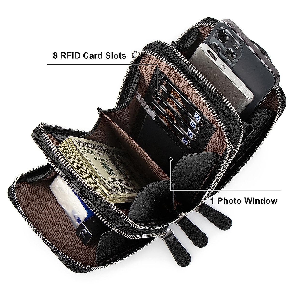 Pearl Angeli Small Crossbody Bag RFID Cellphone Wallet Purse Mini Ladies Handbag Purse with Shoulder Strap(Matte Black)