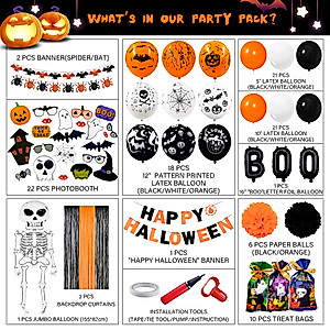 Party Spot! 120 Pcs Halloween Party Decorations, 5 Ft Jumbo Foil Balloon, Happy Halloween Banner, 60 pcs Balloons, Treat or Trick Goodie Bags, Spider Bat Banner,Foil Curtains, Halloween Party Supplies