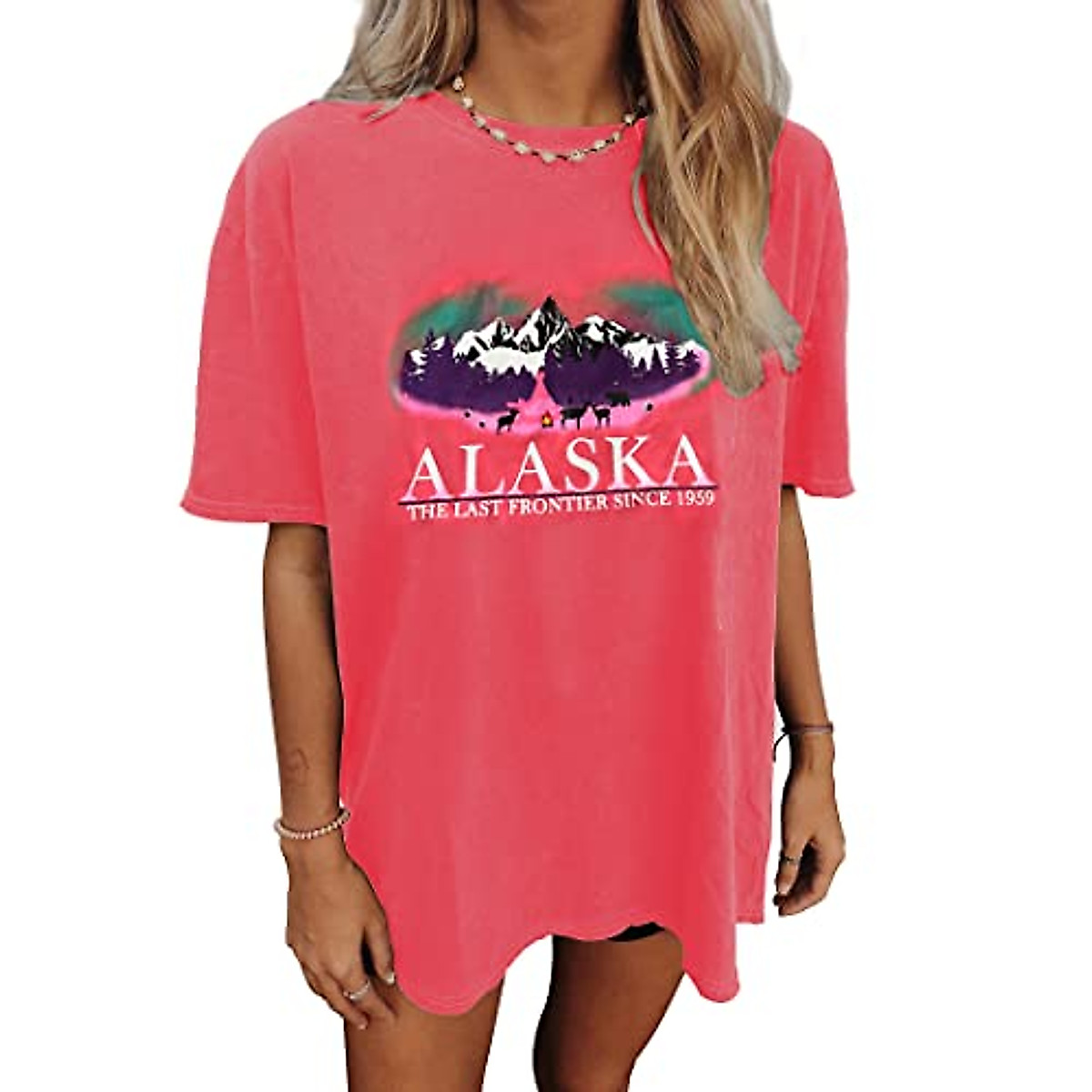 CSDAJIO Women's Graphic Oversized Tshirt Vintage Half Sleeve Round Neck Baggy Tee Summer Casual Tunic Shirt OwAlaska Raspberry Medium