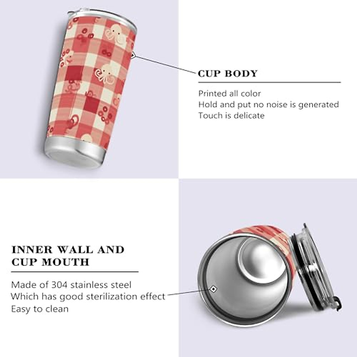 sanluoli animal sea Cute Peach Plaid Stainless Steel insulated cup Leak-proof Lid and Straw travel mugs for gym simply insulated tumbler 20 OZ