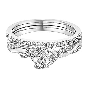 2 CT Round Shape White Cubic Zirconia Rope Bypass Wedding Engagement Bridal Ring with Band in 14K White Gold Plated 925 Sterling Silver (2 Cttw) Ring Size -7