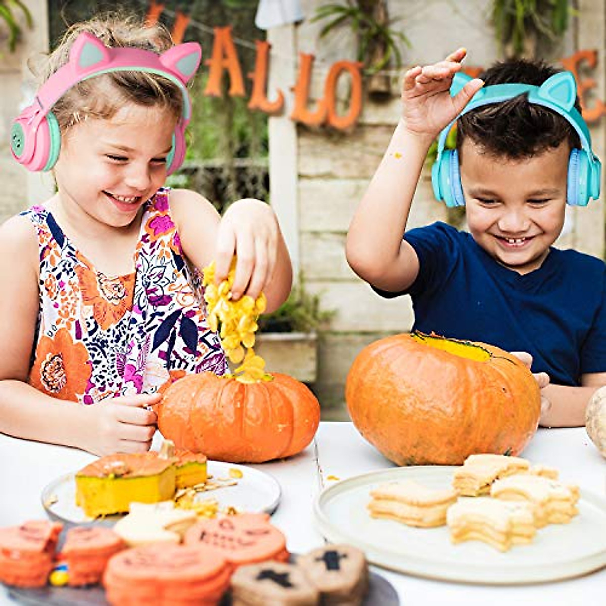 Riwbox CT-7 Cat Ear Bluetooth Headphones, LED Light Up Bluetooth Wireless Over Ear Headphones with Microphone and Volume Control for iPhone/iPad/Smartphones/Laptop/PC/TV (Pink&Green)