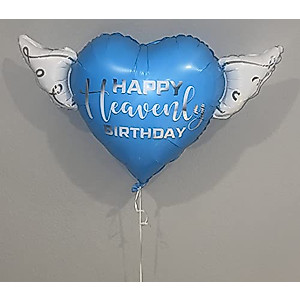 Happy Heavenly Birthday blue heart shaped balloon with angel wings