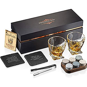 Whiskey Stones Gift Set for Men | Whiskey Glass and Stones Set with a Classy Gift Box, 6 Granite Round Whiskey Stones and 10oz Whiskey Glasses | Whiskey Lovers Gifts for Men, Dad, Husband, Boyfriend