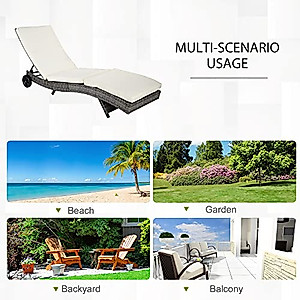 Outsunny Reclining Chaise Lounge Chair, Thickly Cushioned, Rolling Outdoor Plastic Rattan Sun Bathing Chair with Wheels for Poolside, Pool, Patio, Off-White