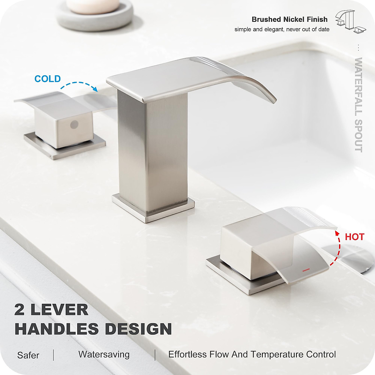 GAGALIFE Waterfall Bathroom Faucets for Sink 3 Hole - Brushed Nickel Bathroom Faucet with Pop-up Drain, 8 Inch Widespread Bathroom Sink Faucet 2-Handles, Modern Vanity Faucet with Supply Lines