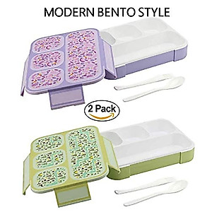 Bento Box for Kids Lunch-Boxes for Girls Boys | Food Safe Portion Snack Containers for Toddlers Pre-School | Cute Day-Care Meal Container BPA Free Lunches | Purple Green-Yellow 4 Compartments, 2 pack