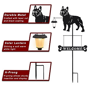 BAYN Solar French Bulldog Silhouette Dog Breed Welcome Sign with a Lantern Outdoor Decorative Garden Stakes for Yard, Lawn, Patio, Pathway