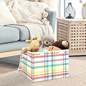 SUABO Rainbow Tartan Glen Plaid Storage Bin with Lid Large Oxford Cloth Storage Boxes Foldable Home Cube Baskets Closet Organizers for Nursery Bedroom Office