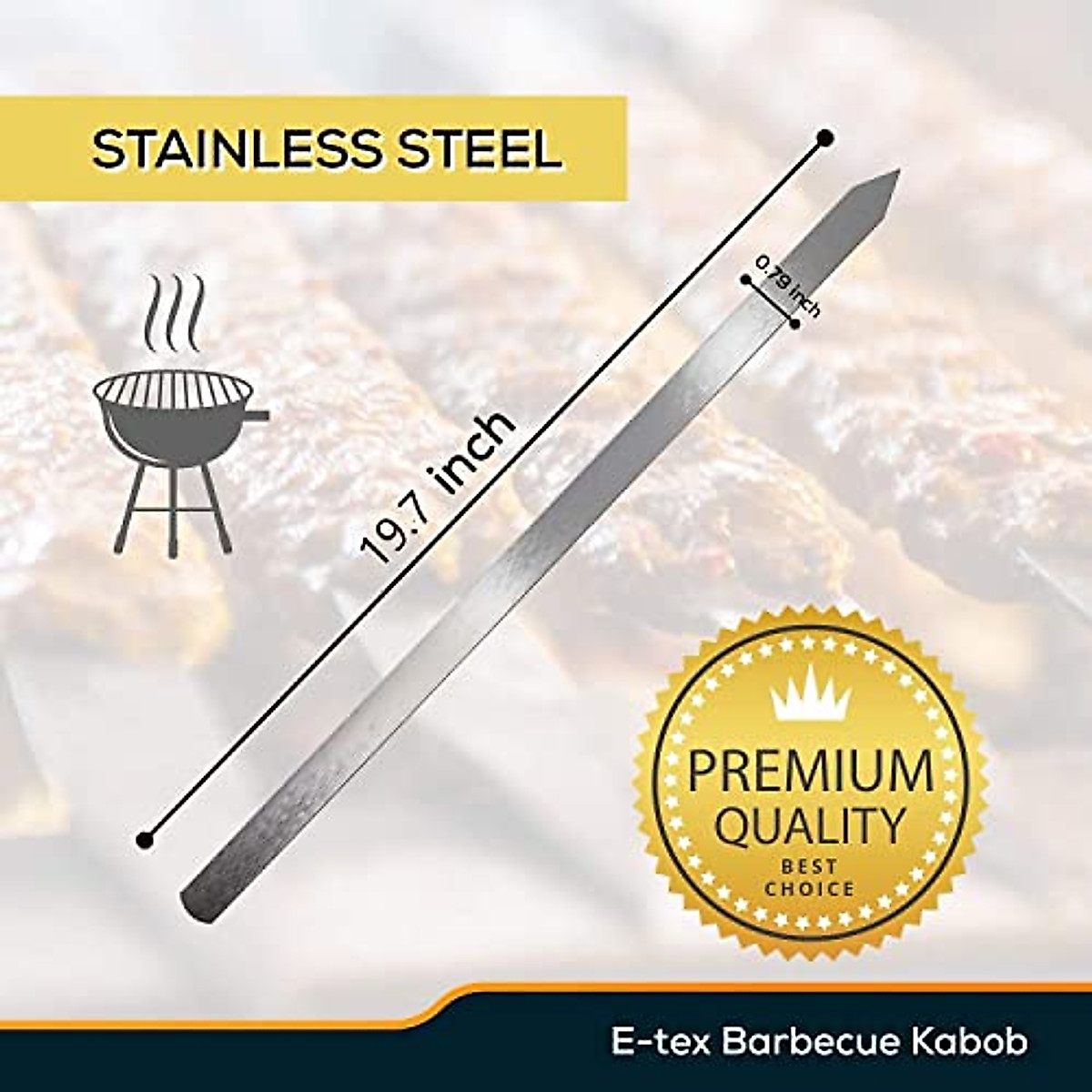 E-tex Flat Barbecue Kabob Skewers,Long Bbq Kabab Skewers,Grey,19 Inc,Set of 6