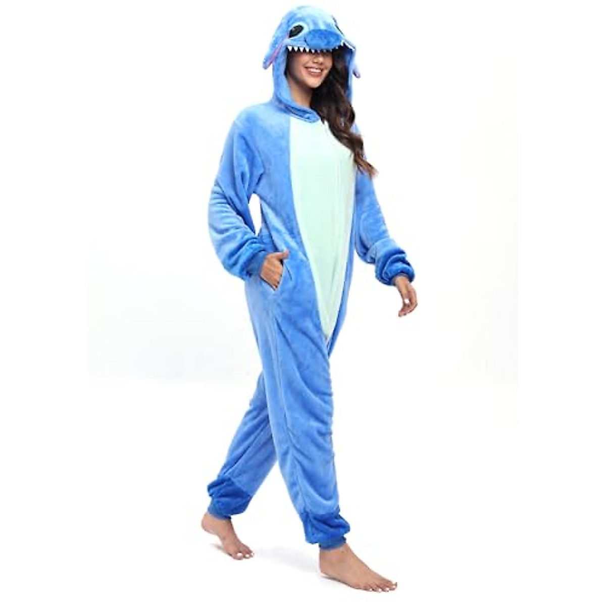 Plustrong Adult Onesie Costume Pajamas Halloween Costumes Animal Onesie Cosplay Sleepwear (Blue Stitch,M)