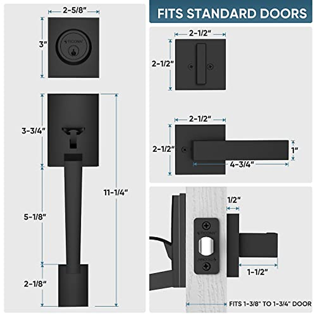 TICONN Front Door Handle Set, Heavy Duty Square Door Lever & Single Cylinder Deadbolt Combo Reversible for Entrance Exterior Doors (Matte Black)