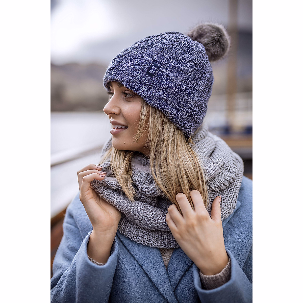 Heat Holders - Womens Thick Knit Thermal Winter Warm Beanie Hat with Pom Pom (One Size, Light Grey)