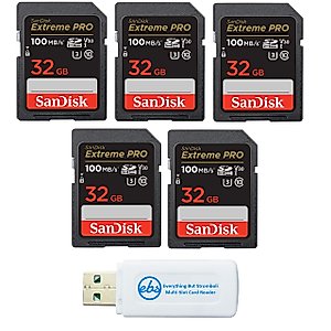 SanDisk 32GB (Five Pack) SD HC Extreme Pro Memory Card works with Digital DSLR Camera SDHC 4K V30 UHS-I (SDSDXXG-032G-GN4IN) with Everything But Stromboli (TM) Combo Reader