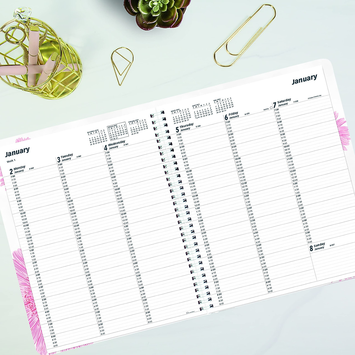 Brownline 2023 Pink Essential Weekly Planner, Appointment Book, 12 Months, January to December, Twin-Wire Binding, 11" x 8.5", Pink Daisy (CB950G.05-23)